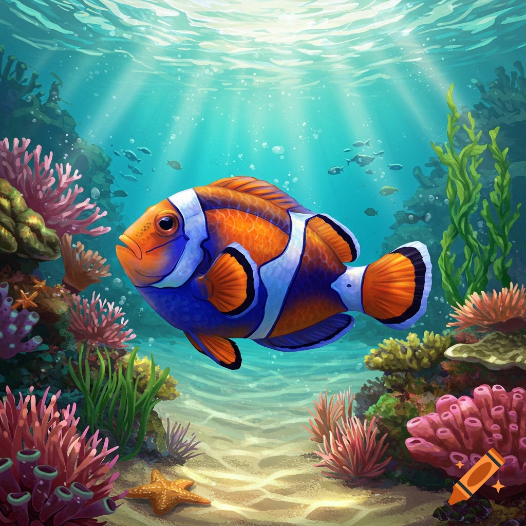 Numerous cartoon clownfish swim in a vibrant coral reef under bright ...