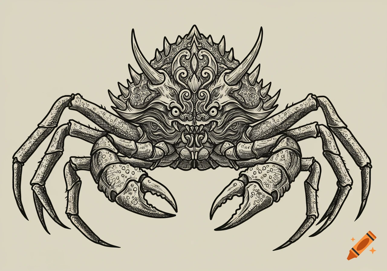 A detailed monochrome woodcut engraving of a fierce, horned Japanese ...