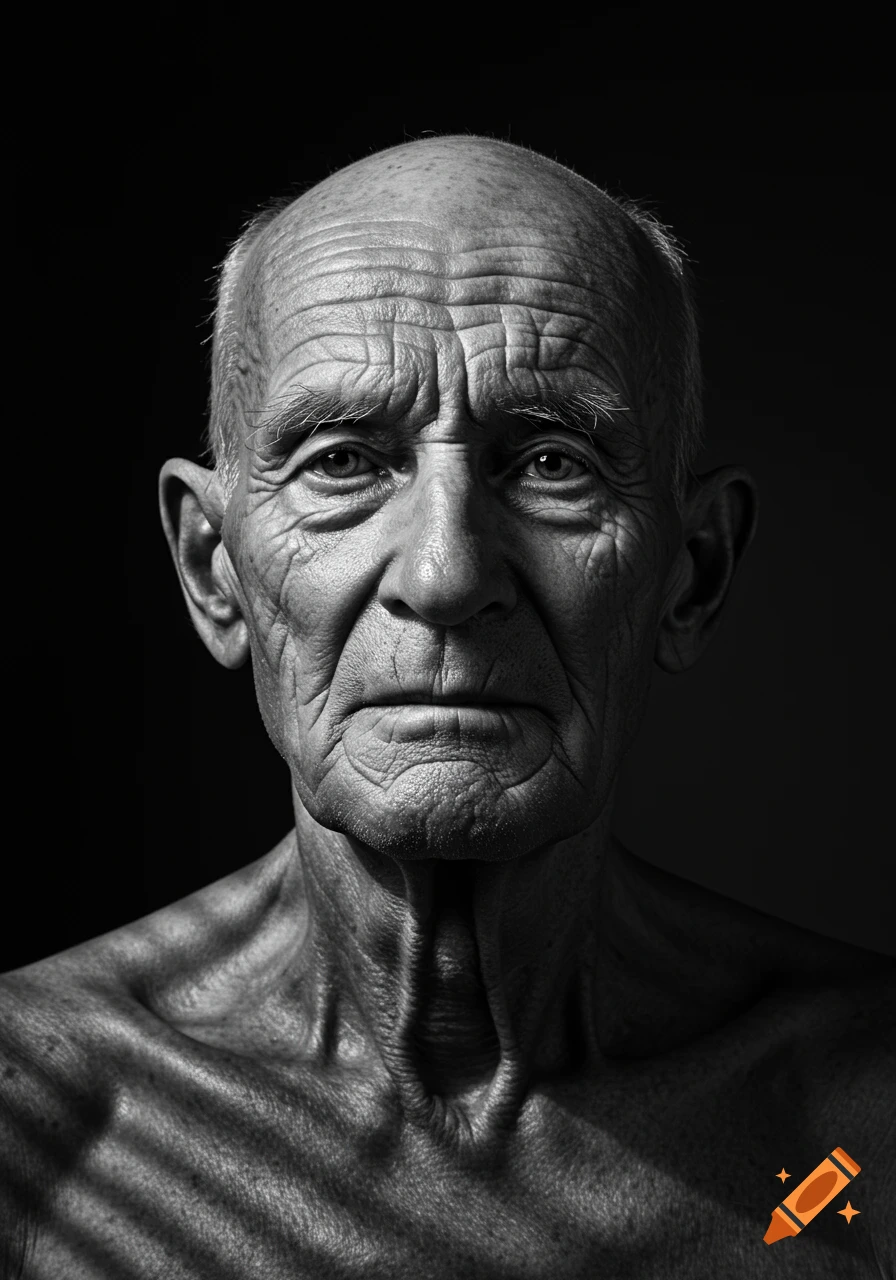 Close-up black and white portrait of an elderly man with many wrinkles ...
