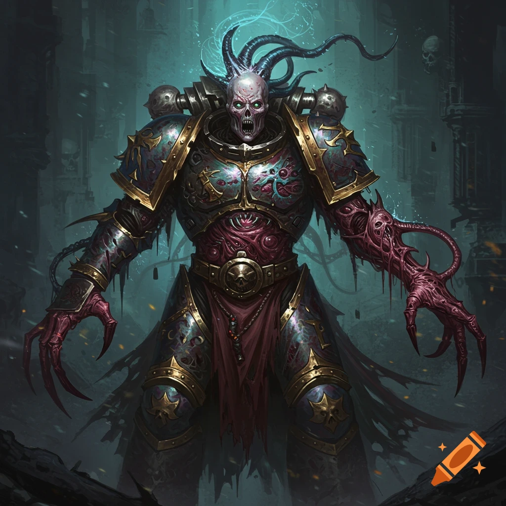 A grotesque, mutated Space Marine in dark power armor with exposed ...