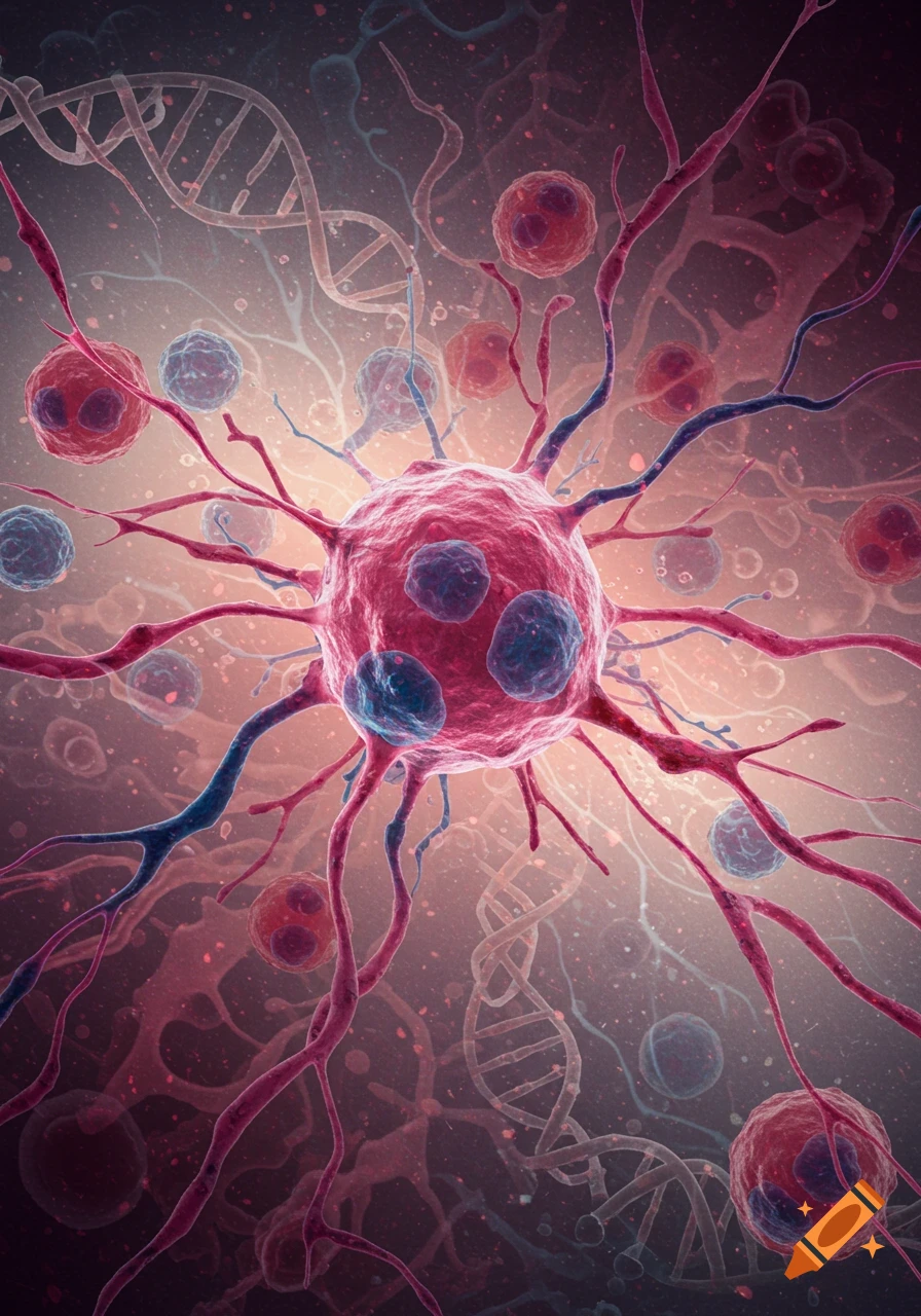 Detailed microscopic illustration of a spiky red cell with blue nuclei ...