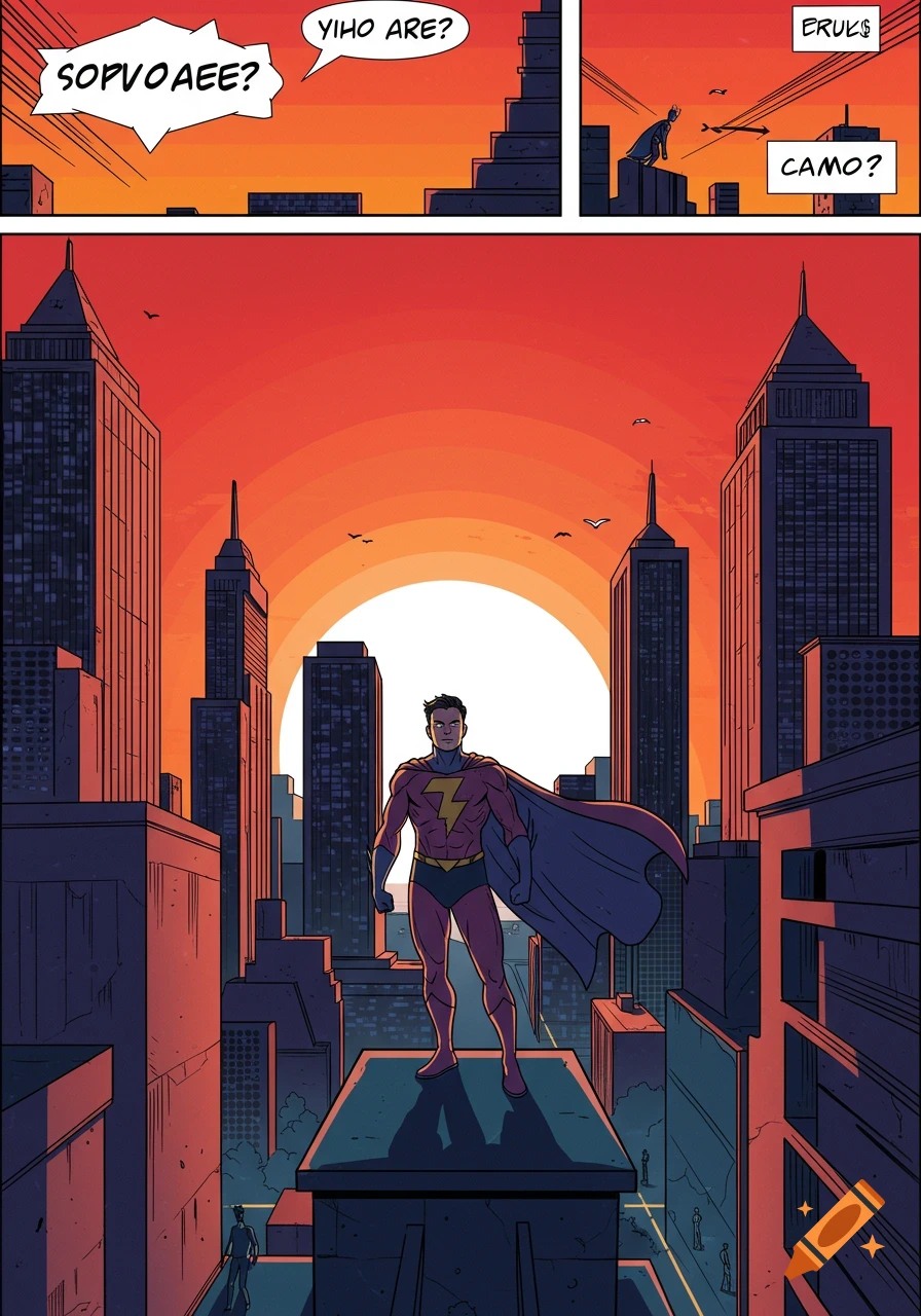 A comic book illustration of a superhero in a red and blue suit with a ...