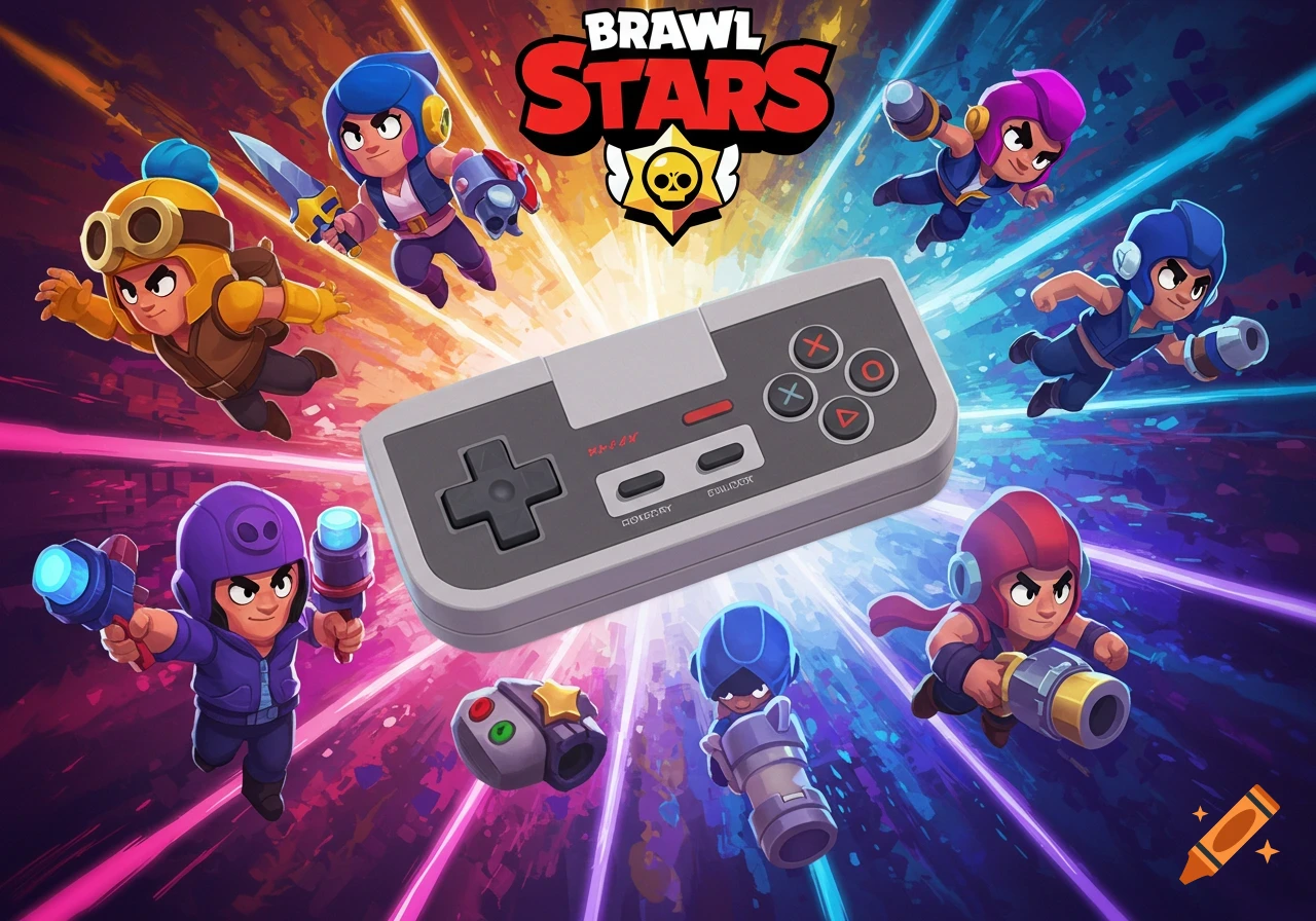Animated Brawl Stars characters float around a grey classic video game ...