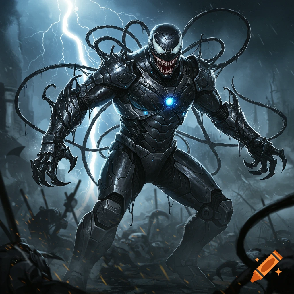 A dark armored Venom-like creature with a glowing blue chest and sharp ...