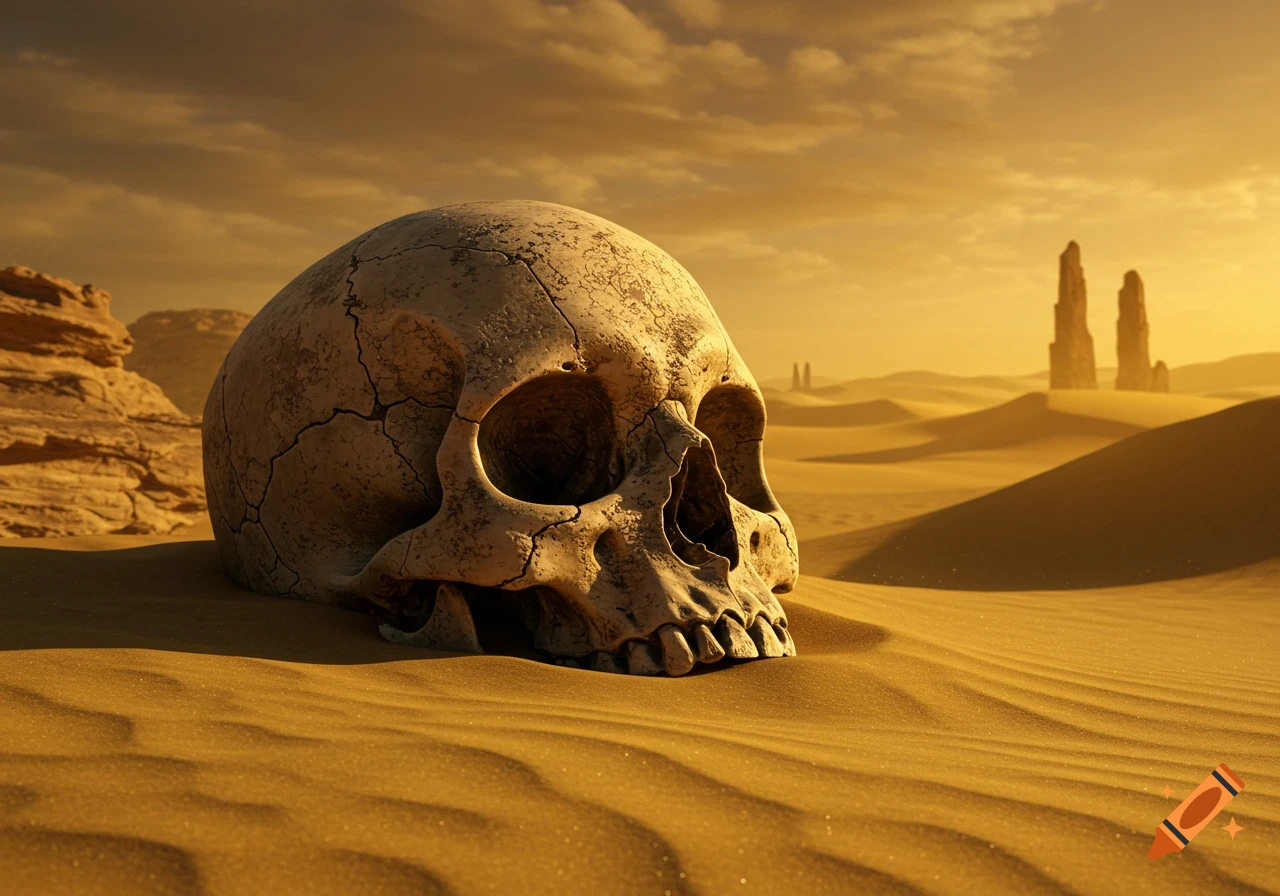 A detailed cracked skull lies half-buried in a vast golden desert ...