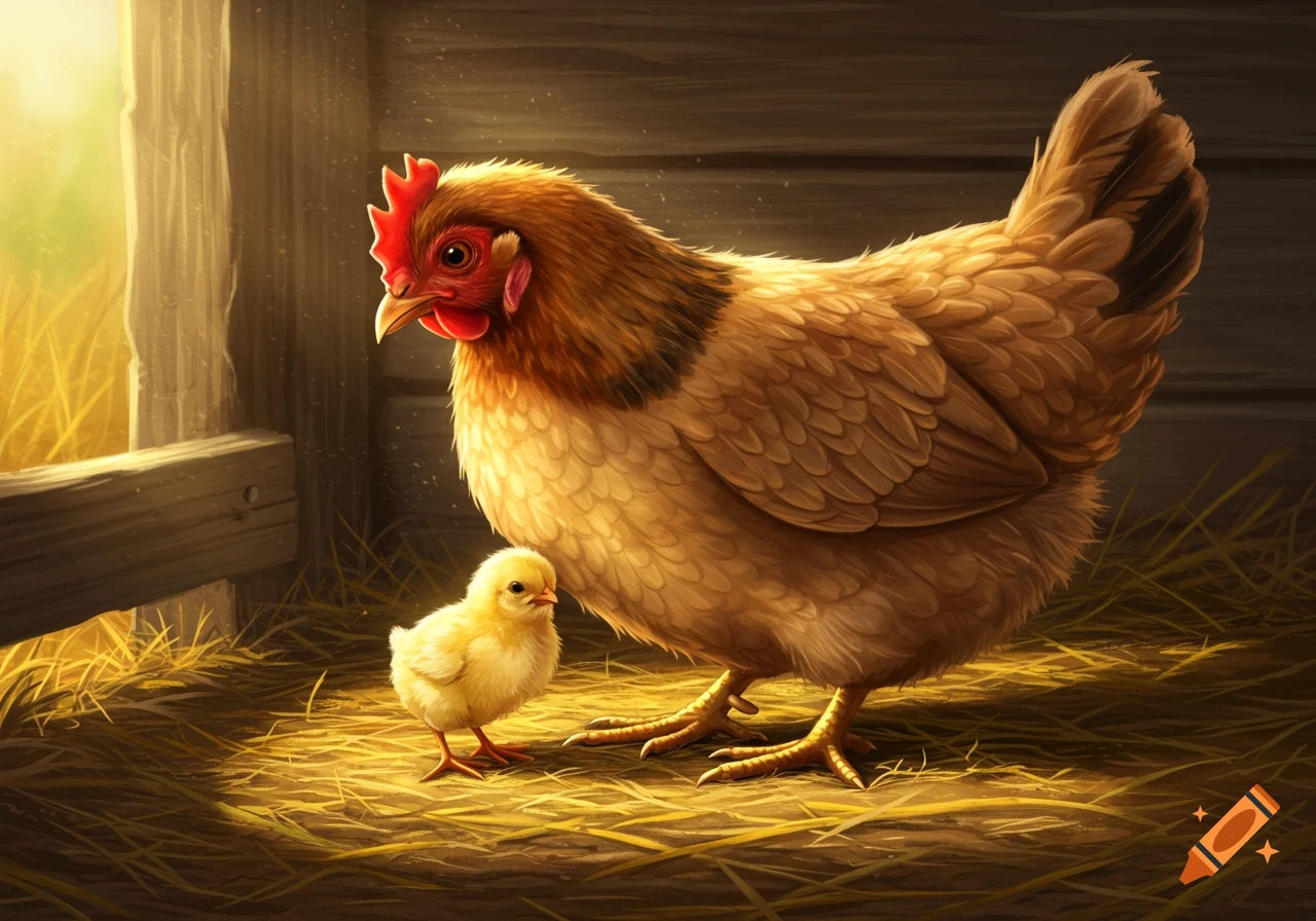 A brown mother hen stands protectively over a small yellow chick in a ...