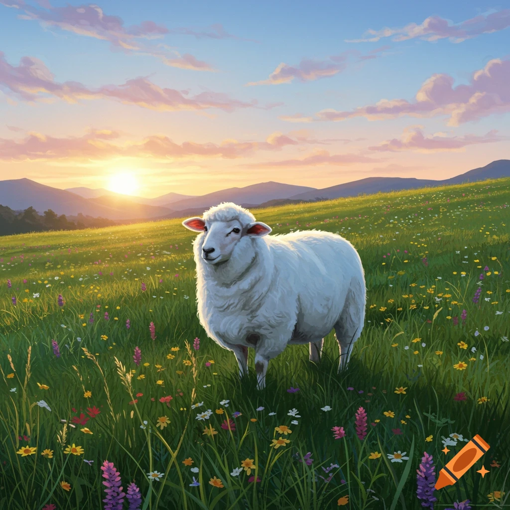 Many white sheep graze in a vibrant green field with flowers under a ...