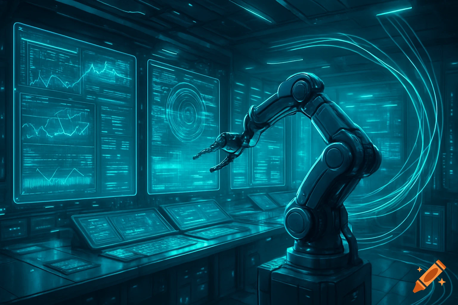 A glowing blue portal in a dark, metallic, futuristic room with wires ...