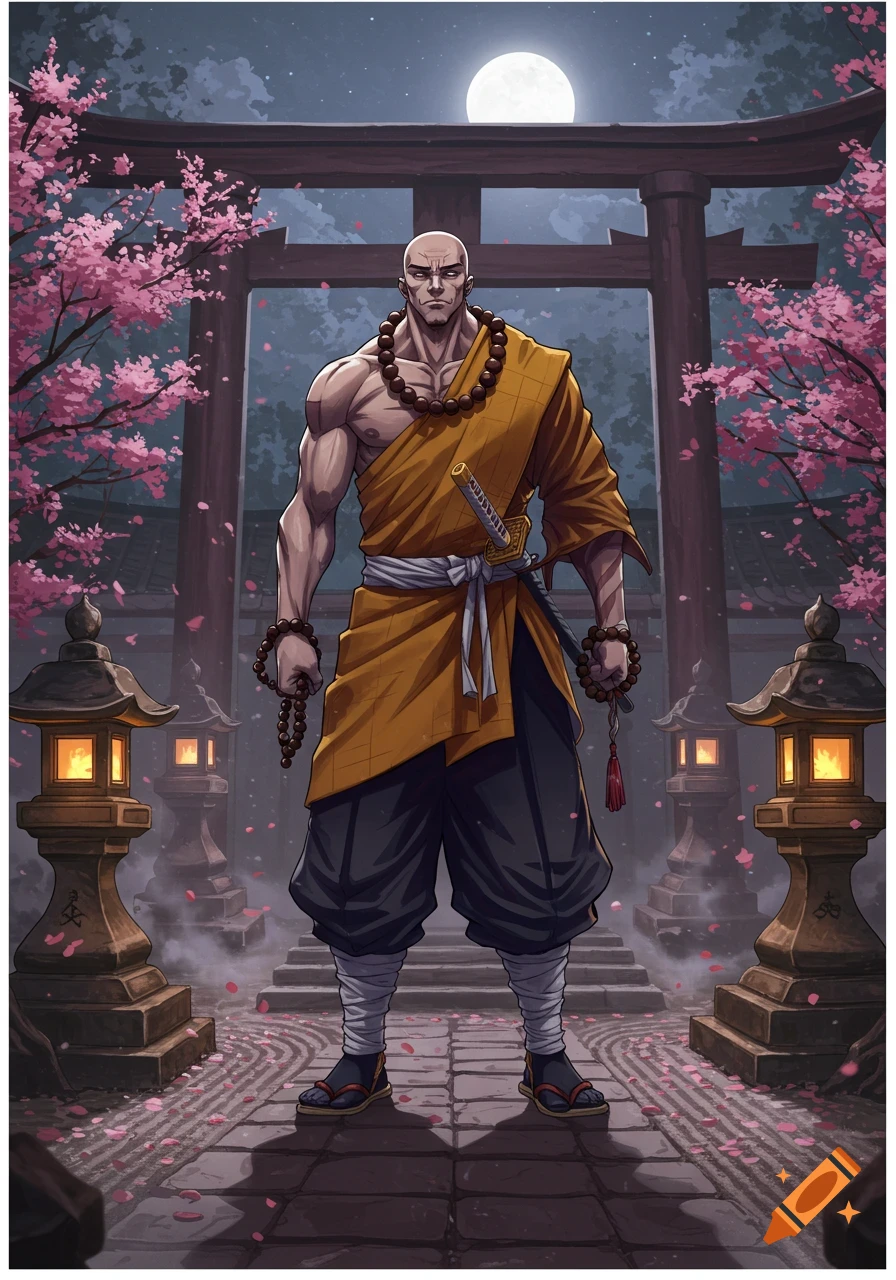 A bald, muscular monk-like warrior with prayer beads and a katana ...