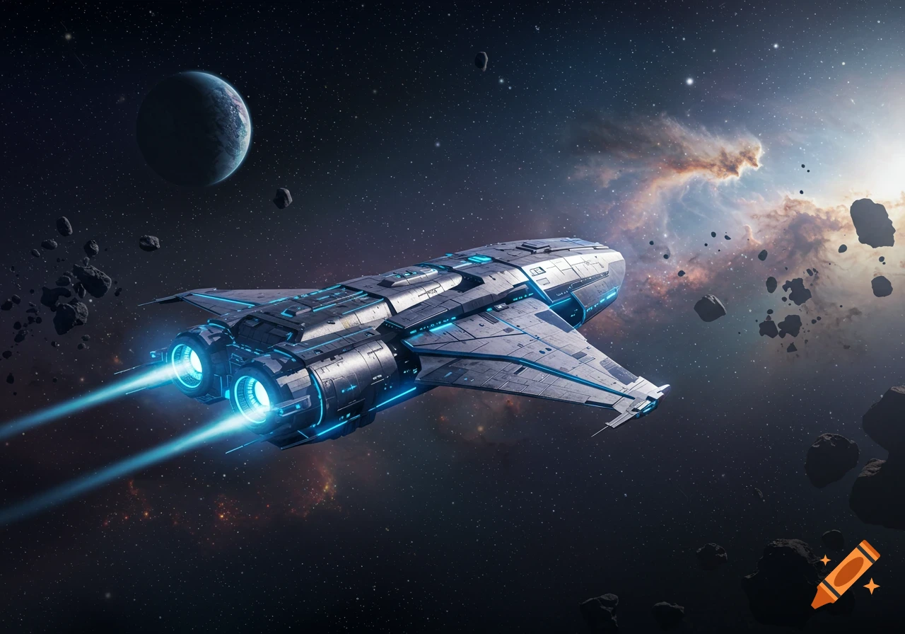 An elegant blue, white, and gold futuristic spaceship with glowing blue ...