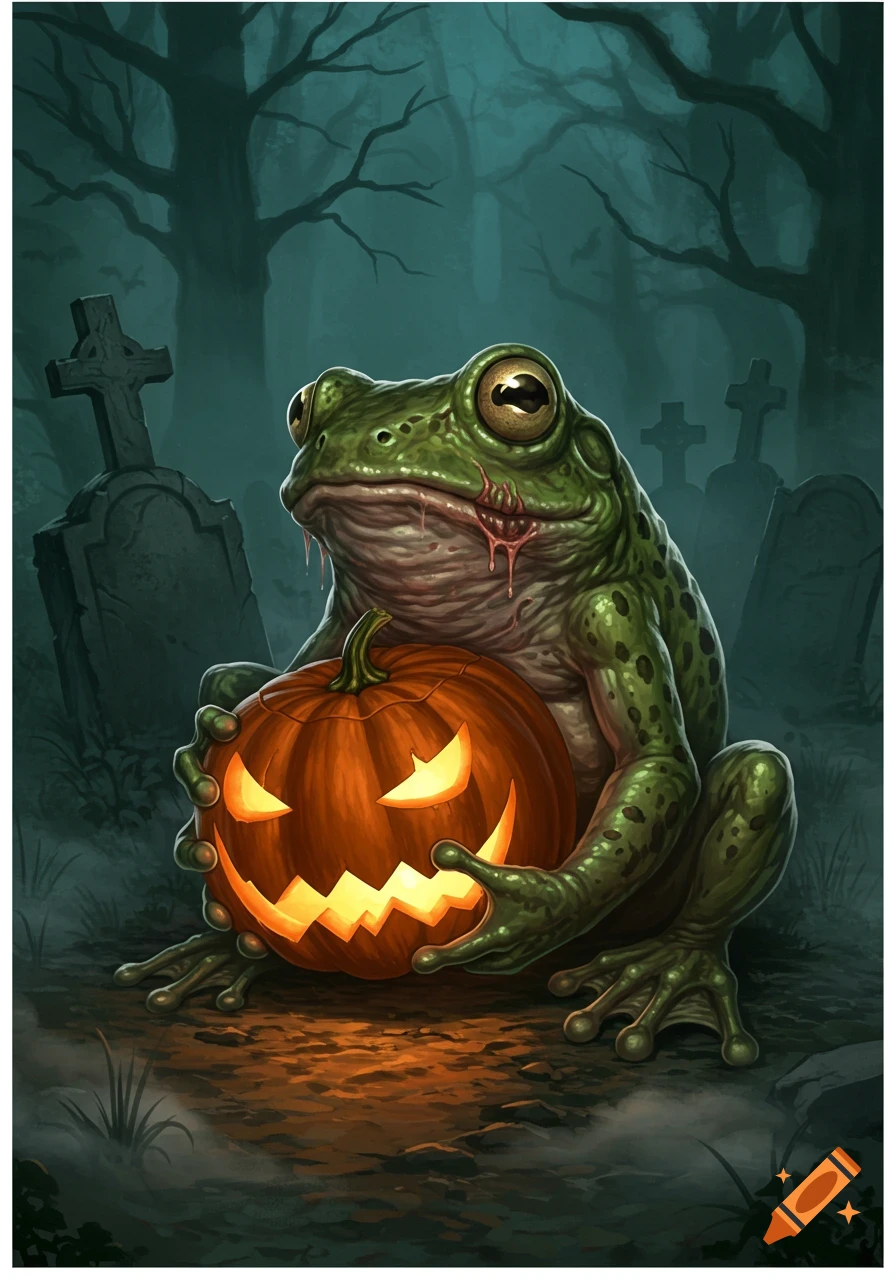 A creepy green frog with liquid dripping from its mouth holds a glowing ...