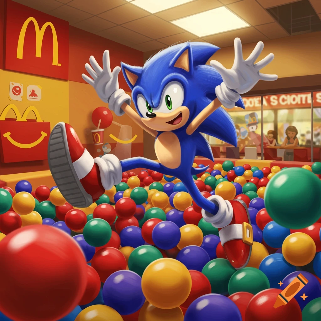 Sonic the Hedgehog joyfully leaps in a colorful McDonald's ball pit. on ...