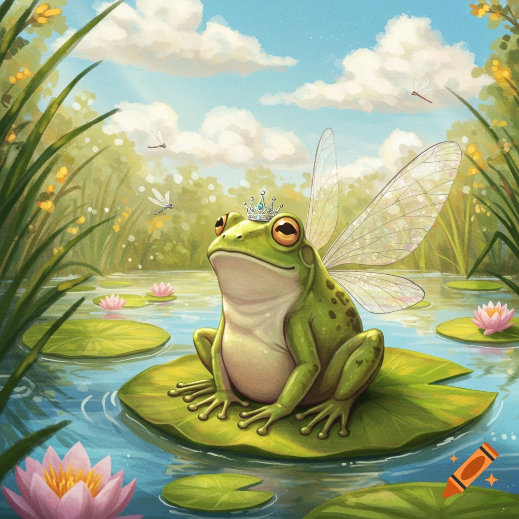 Pencil sketch of a large, ridable frog wearing a harness, sitting in a ...