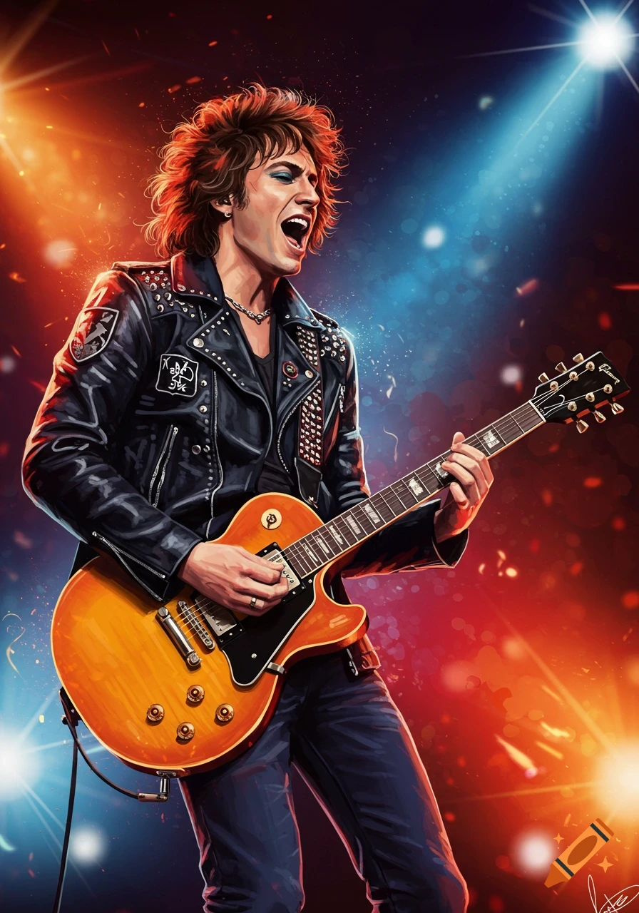 A person with curly hair and green eyeliner wearing a studded leather ...