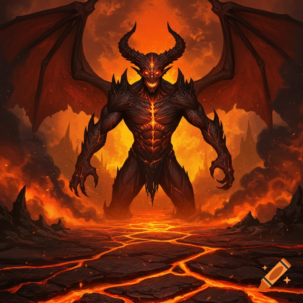A large, horned, winged demon with glowing red eyes stands in a fiery ...