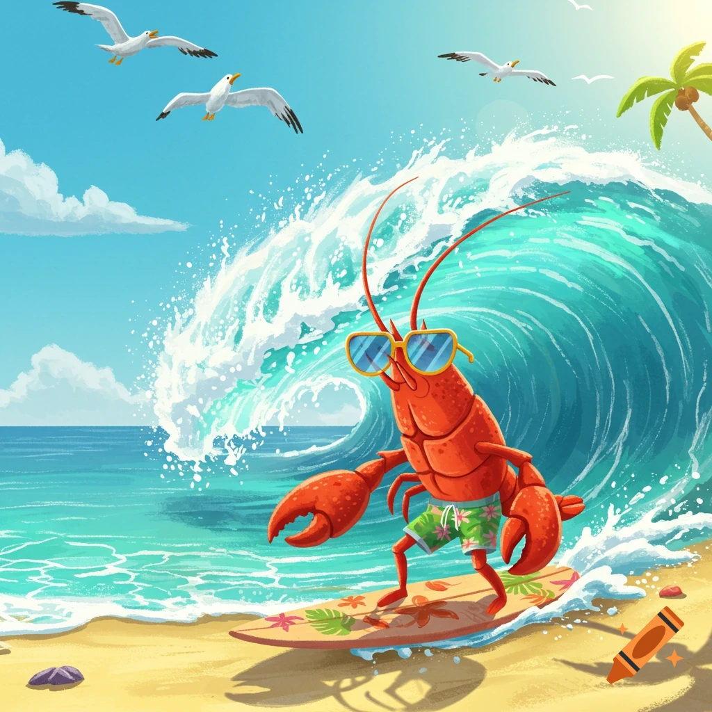 A cartoon lobster wearing sunglasses surfs a large wave on a sunny ...
