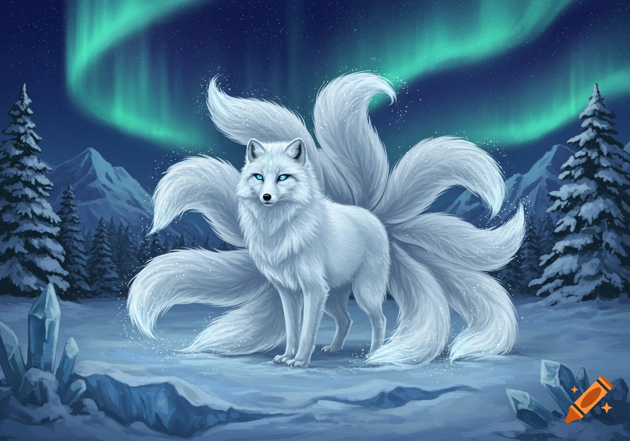 A fluffy white arctic fox with bright blue eyes sits in a snowy ...