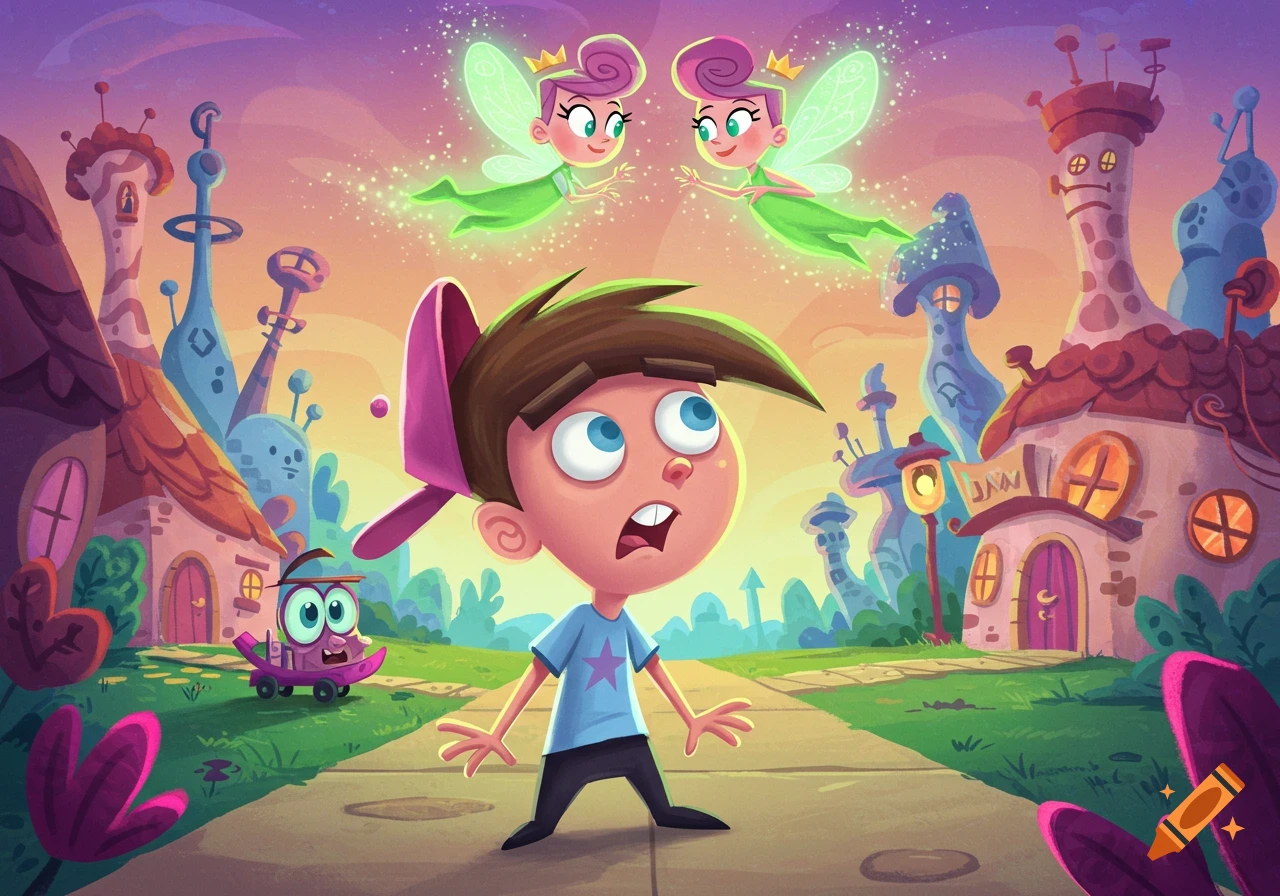 Cartoon Timmy Turner looks up in surprise at two floating fairies ...