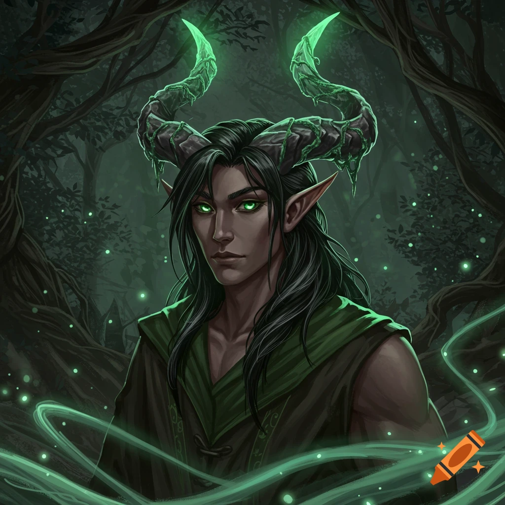 A fantasy character with long dark hair, glowing green eyes, and moss ...
