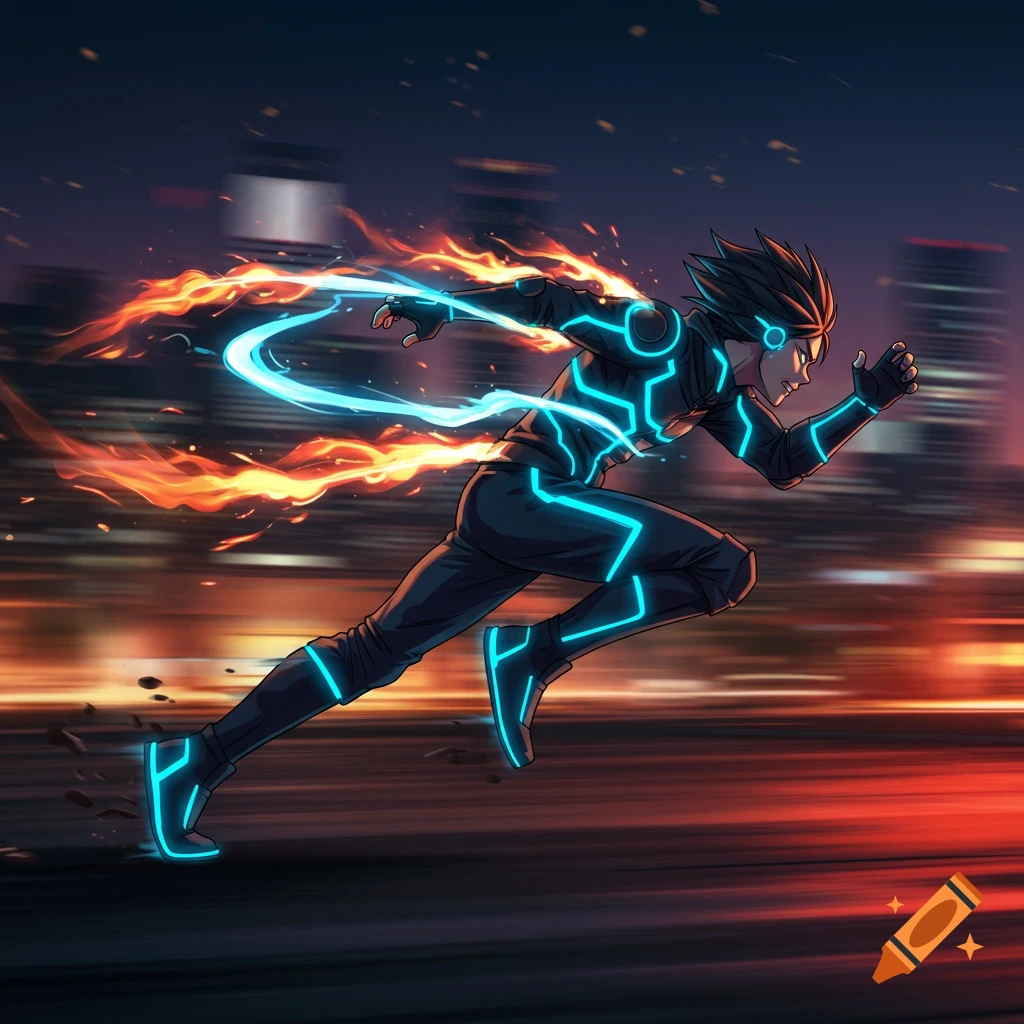 Anime character in a glowing black suit dashing through a city at night ...