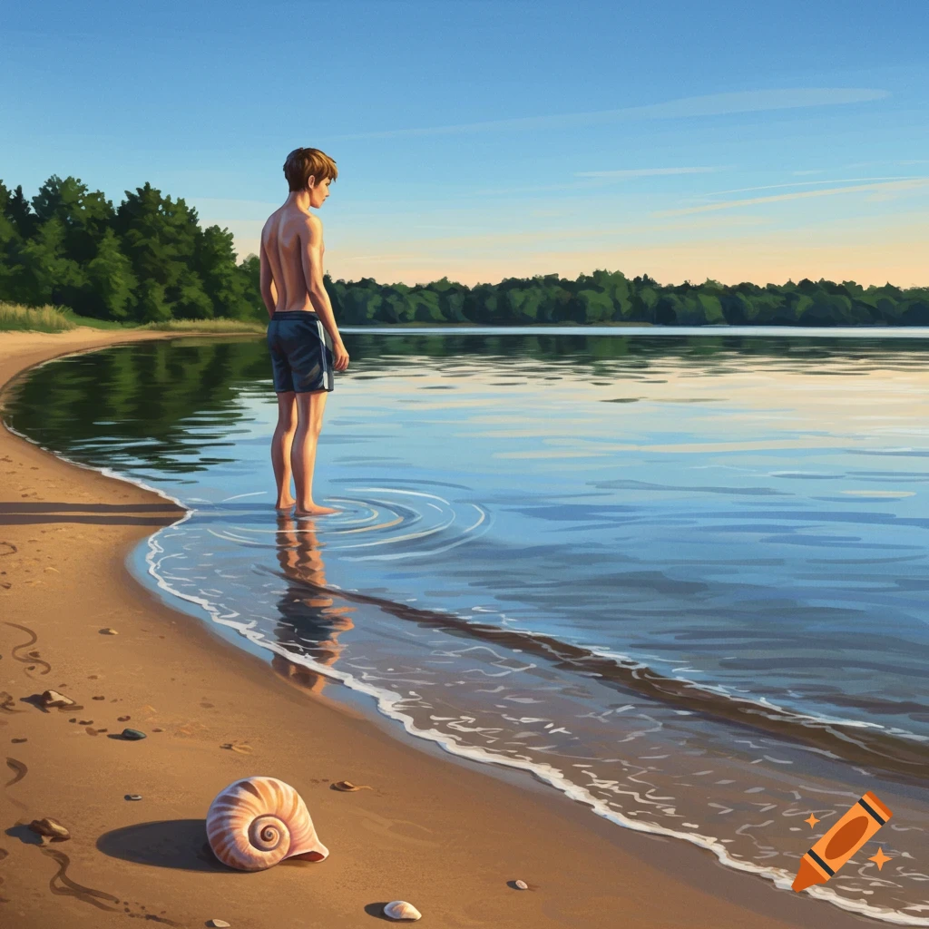 Shirtless young man in swim trunks standing in a calm lake at sunset, a ...