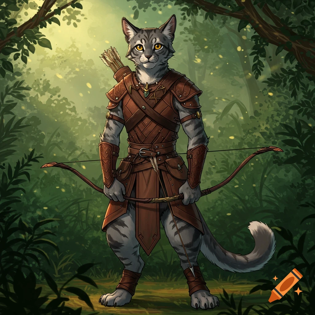 Grey tabby tabaxi warrior in leather armor, holding a bow and quiver ...