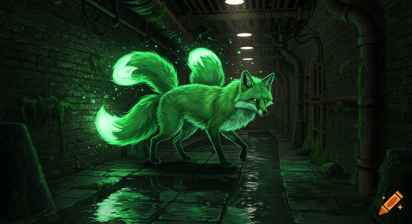 A glowing green fox with multiple tails walks through a dark, mossy ...