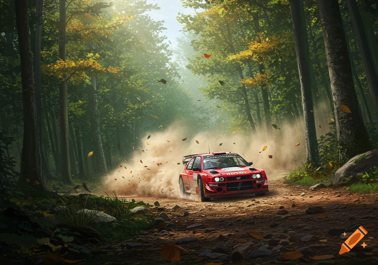 A red 1997 Ford Fiesta rally car with number 13 kicks up a large dust ...