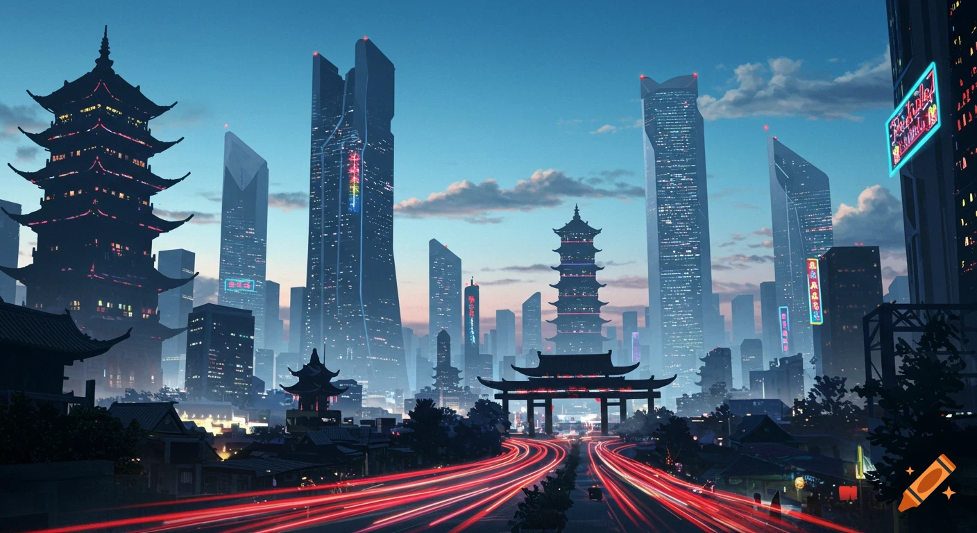 A vibrant orange sunset glows over a silhouetted city skyline, with a ...