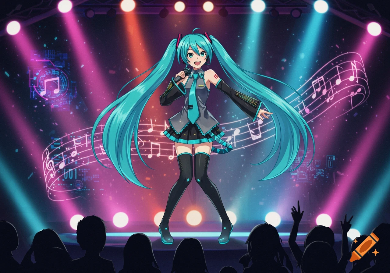 Hatsune Miku, an anime character with long turquoise pigtails, sings ...