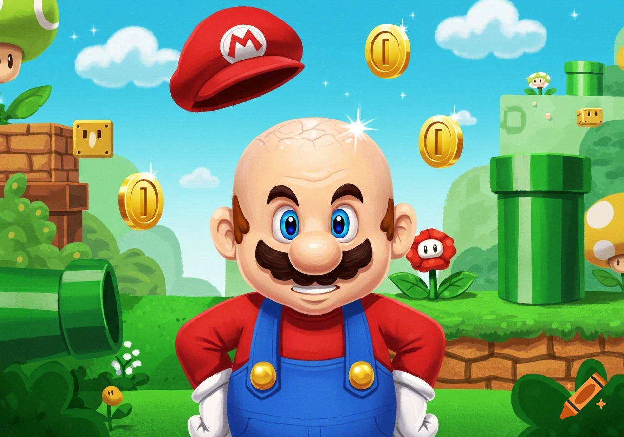 A bald Mario, wearing his blue overalls and red shirt, stands in a ...