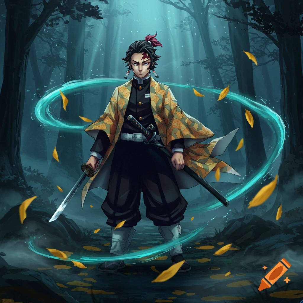 A black-haired anime character, Muichiro, walks through a misty, green ...