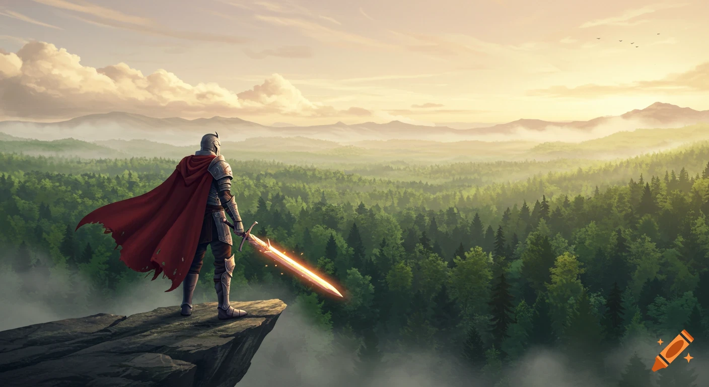 A knight in armor with a red cape stands on a cliff, holding a glowing ...