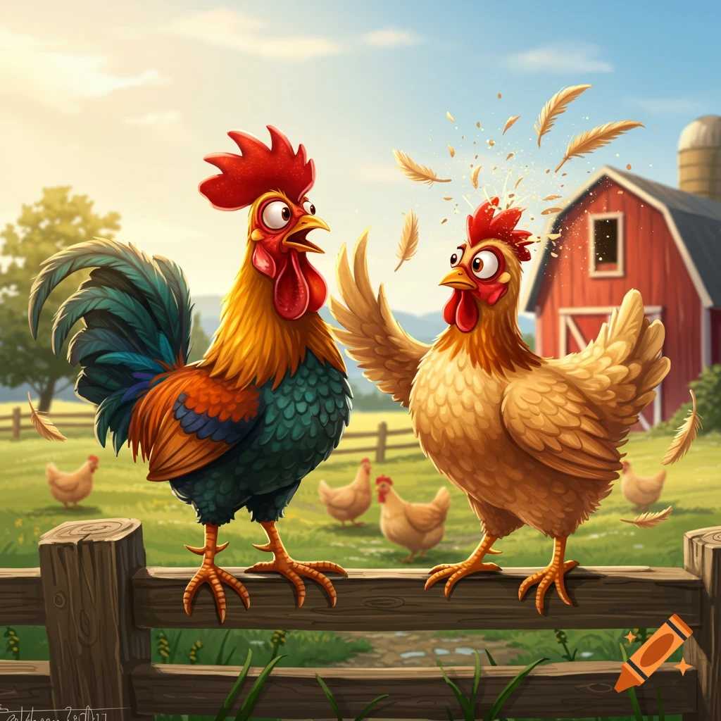 A worried cartoon chicken stands in front of a game board with letters ...