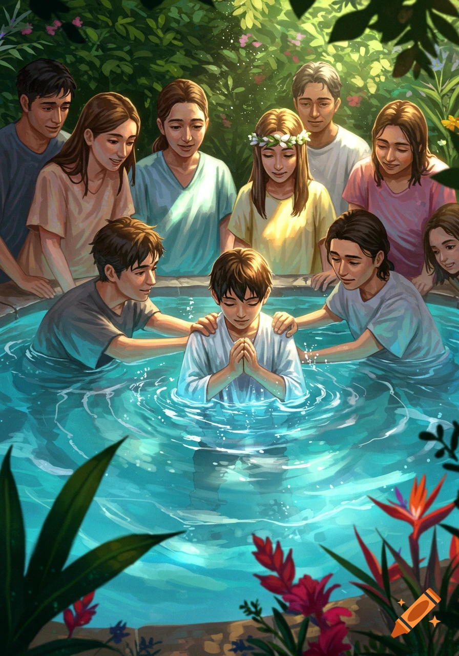A detailed illustration of a young person being baptized in a pool ...