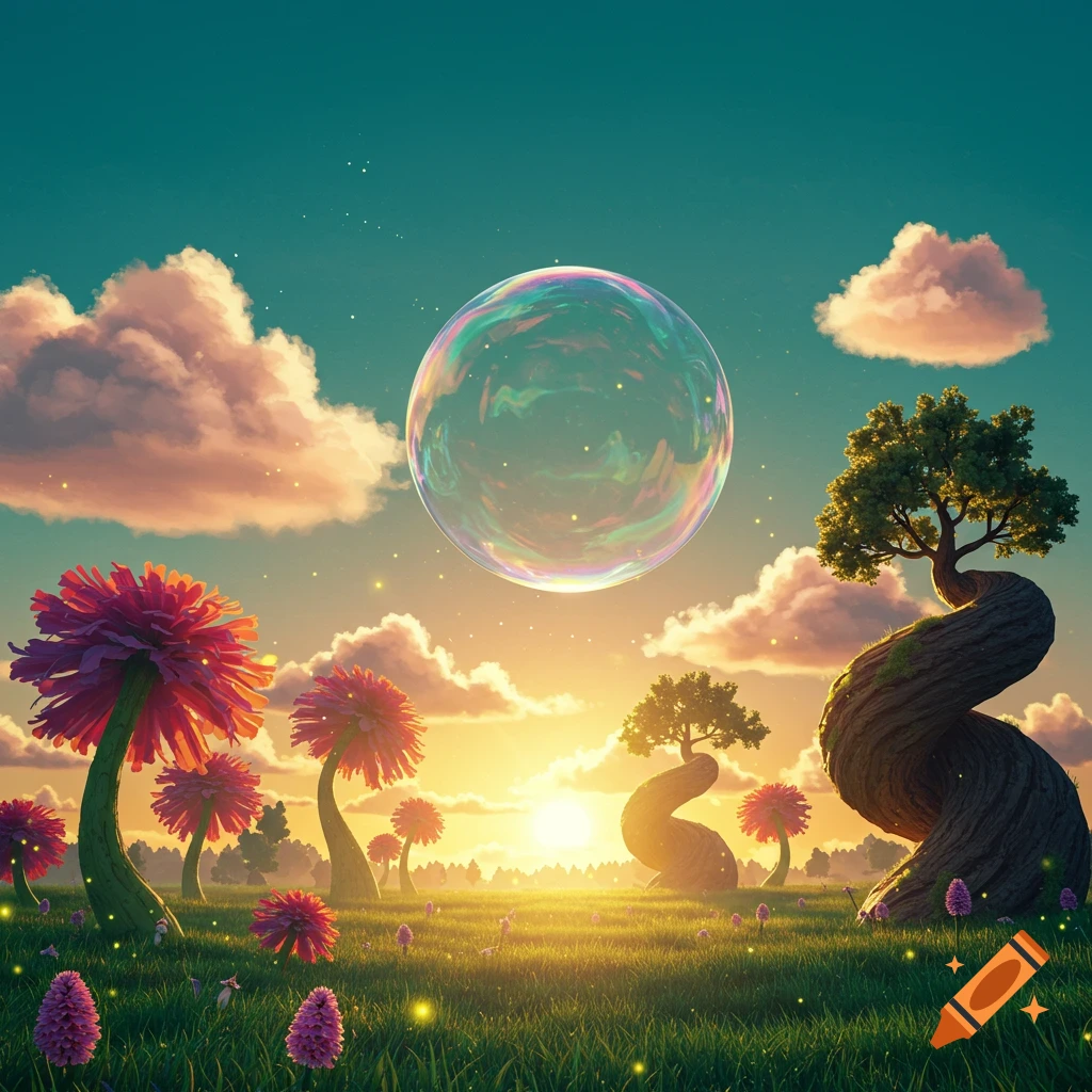 A whimsical scene with a stack of balancing rocks topped with a glowing ...