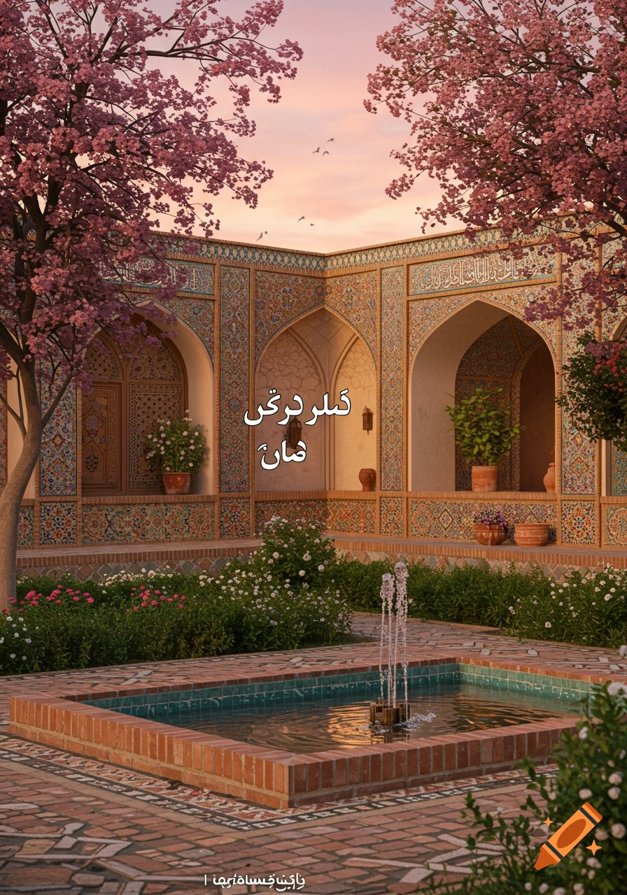 A serene Persian courtyard with intricate tiled architecture, a ...