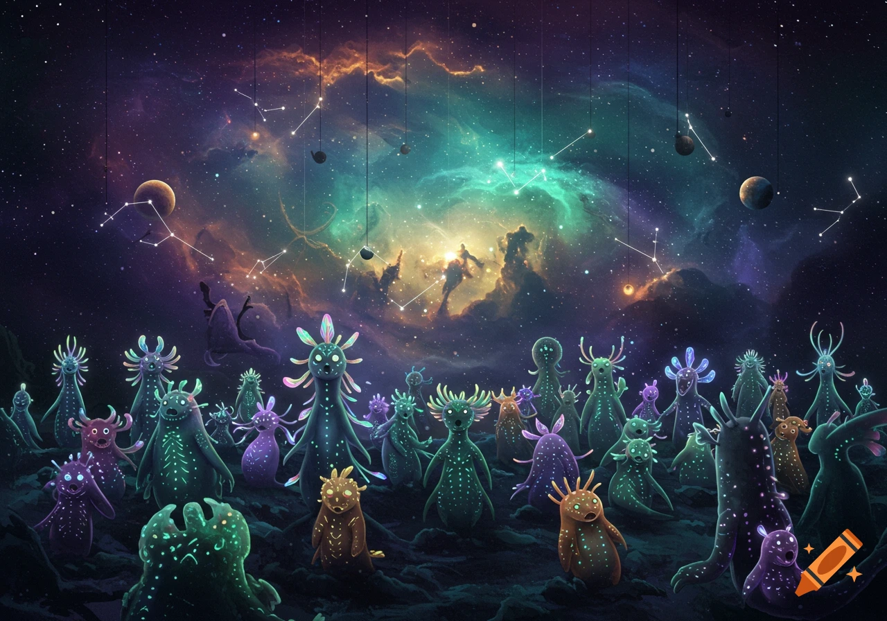 A group of glowing, colorful alien monsters stand on a dark planet ...