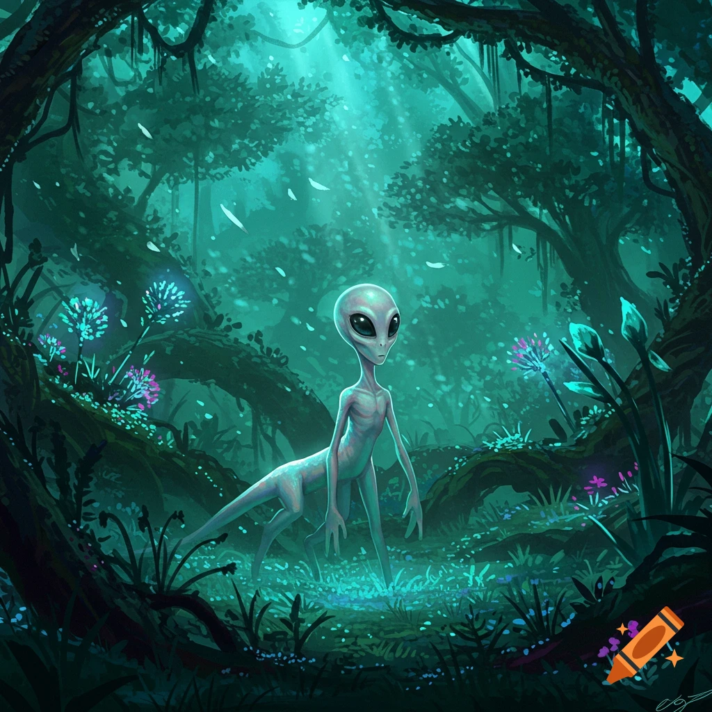 A grey, slender alien creature with large dark eyes stands in a vibrant ...