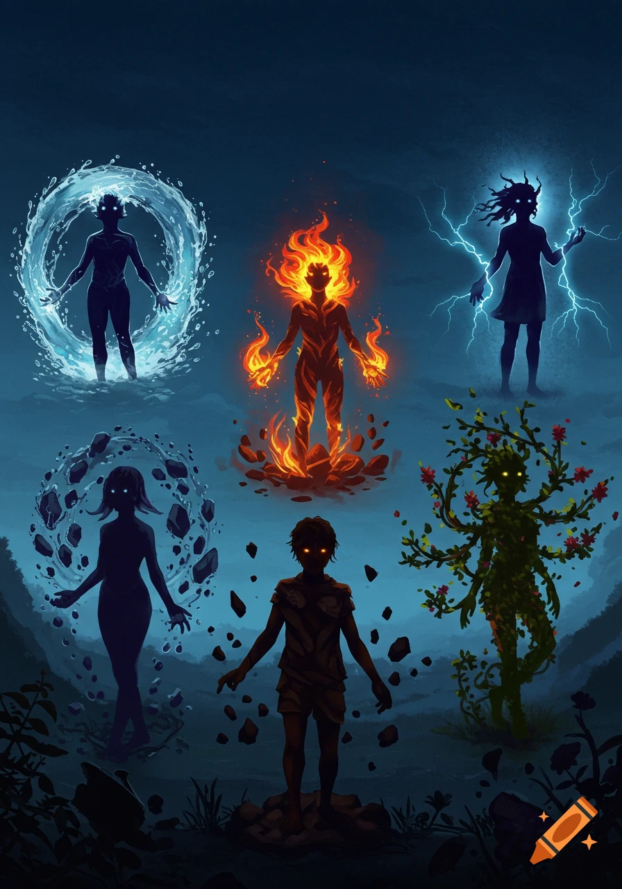 A stylized trainer holds glowing blue crystals while two creature-like ...