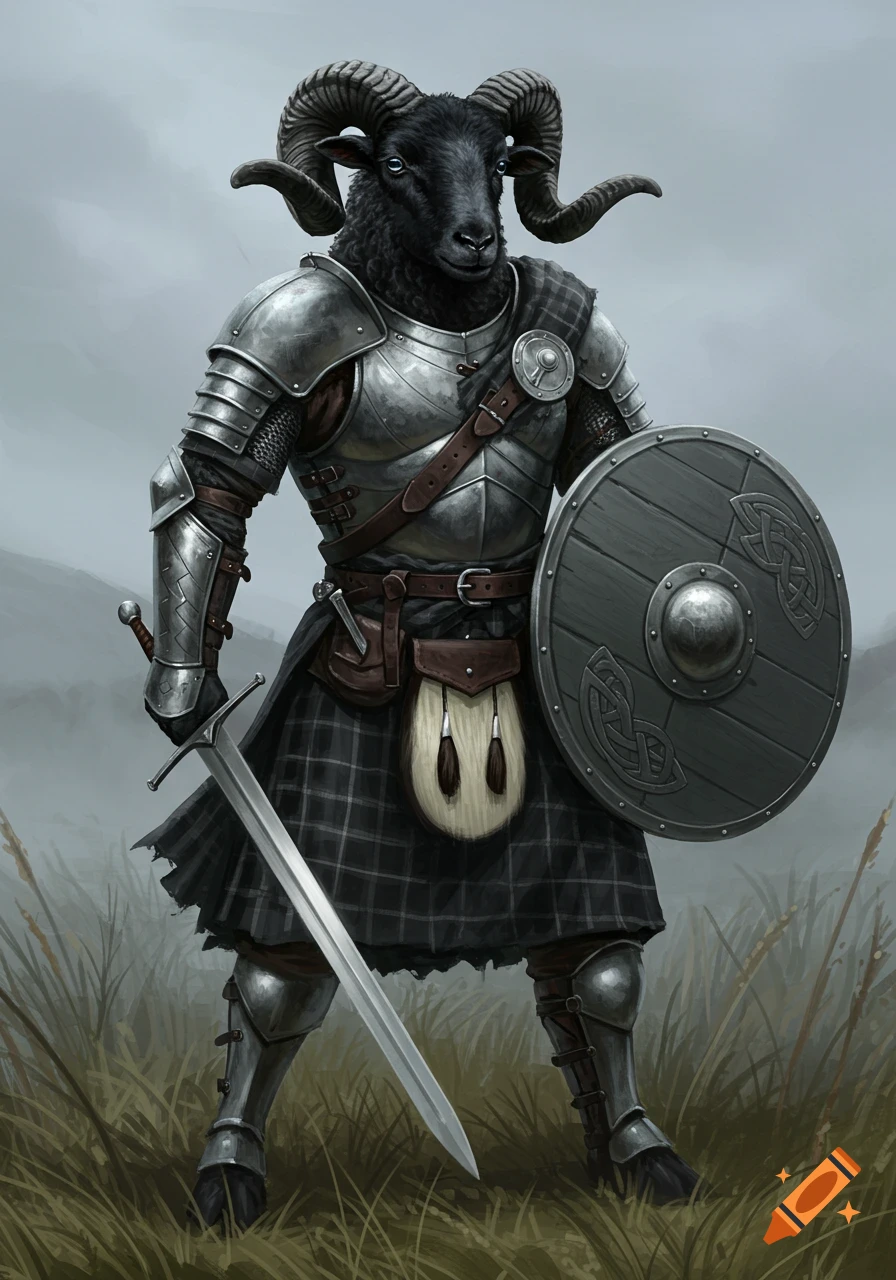 Black-faced ram warrior in plate armor and plaid kilt, holding a sword ...