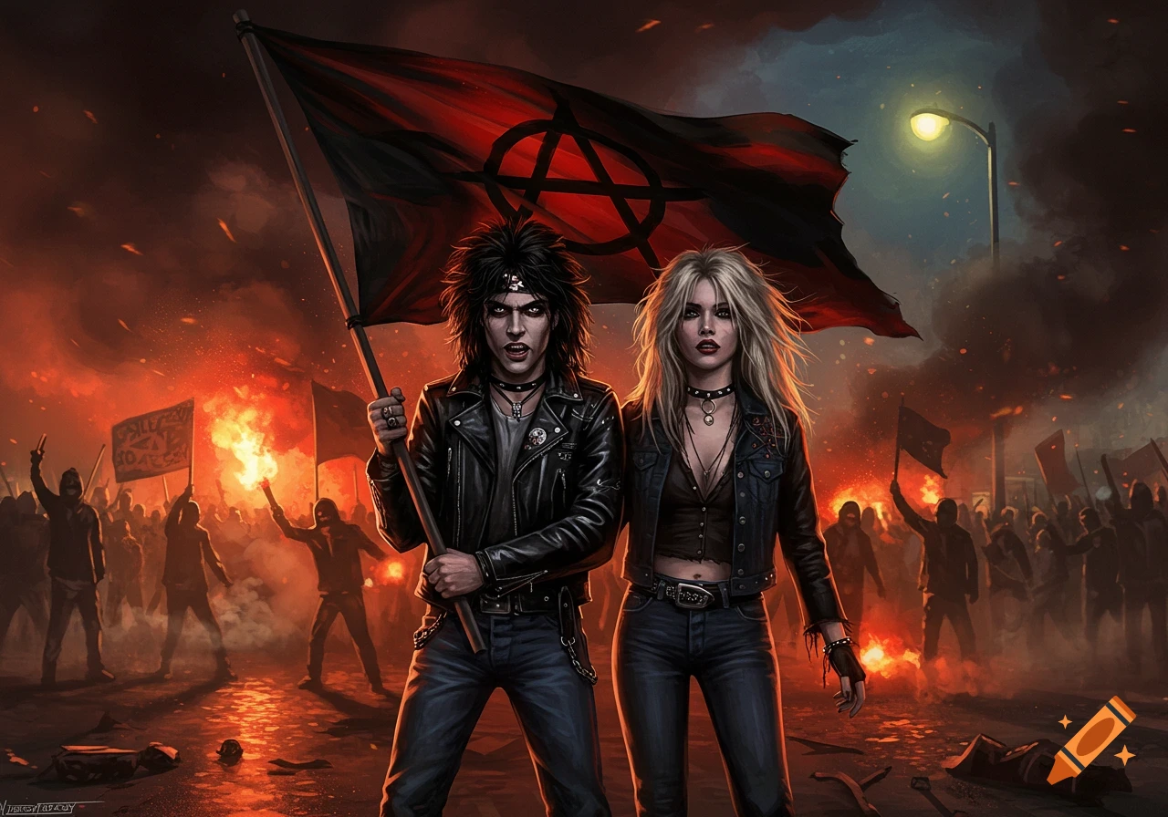 A dynamic illustration of a metal rocker with wild hair and a leather ...