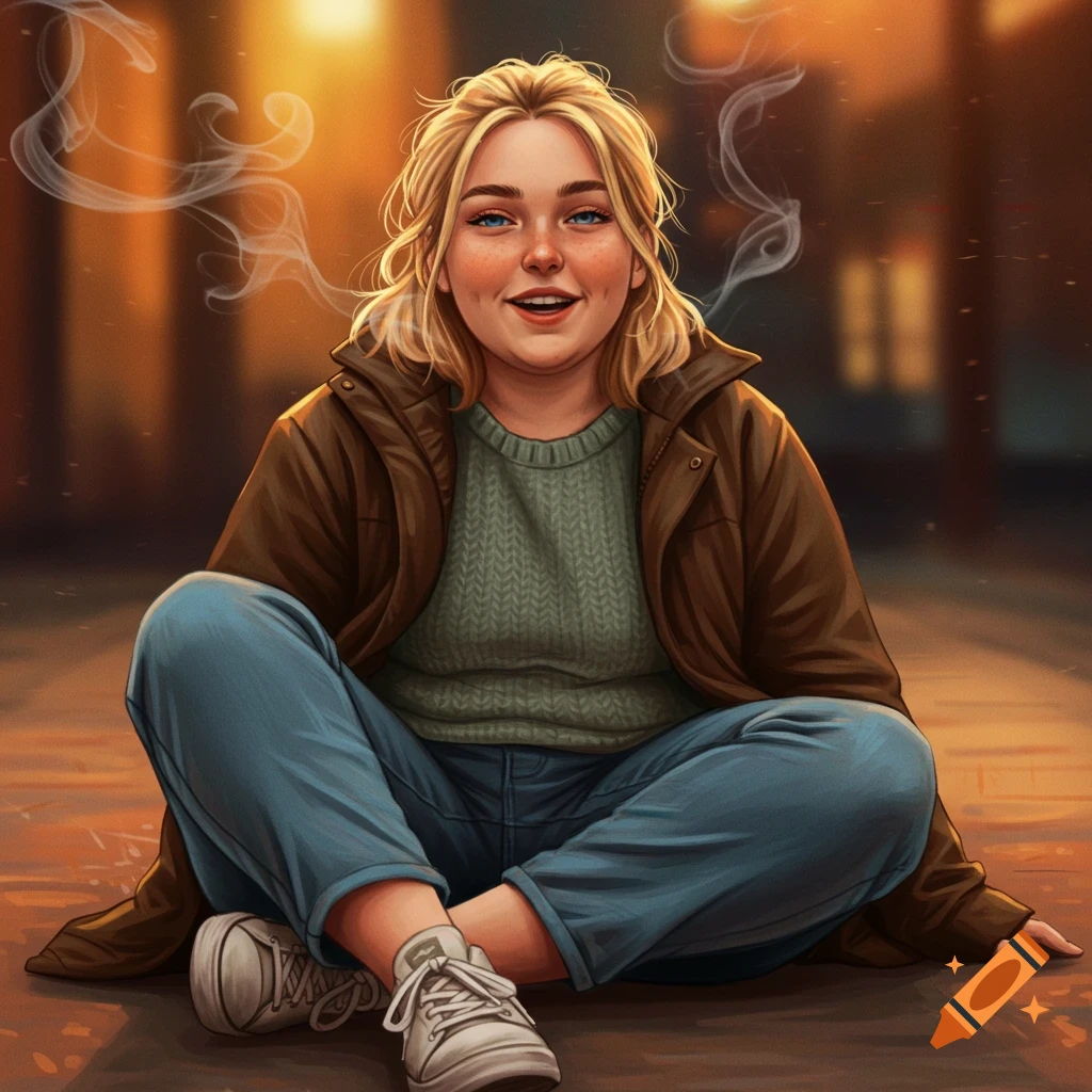 A smiling young blonde woman with a hazy expression, sitting cross ...