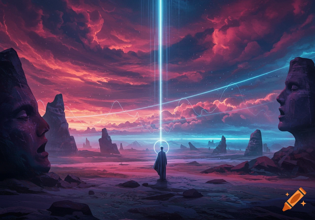 An astronaut stands before a glowing alien monolith on a desolate ...