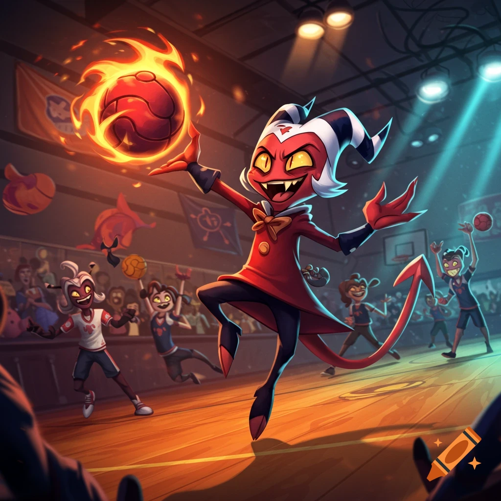 Moxxie from Helluva Boss holds a fiery dodgeball on an indoor court ...