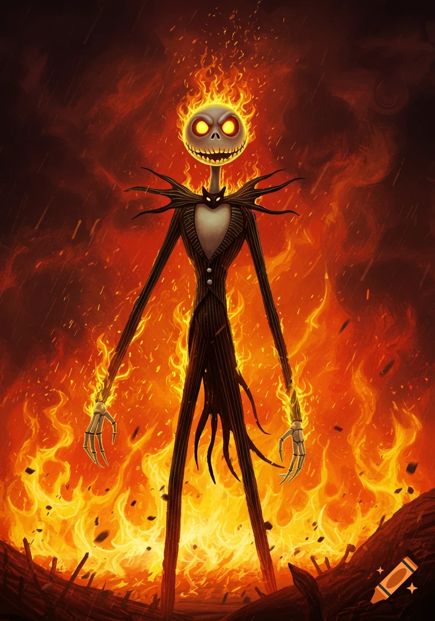 A terrifying Jack Skellington, with his head and hands engulfed in ...