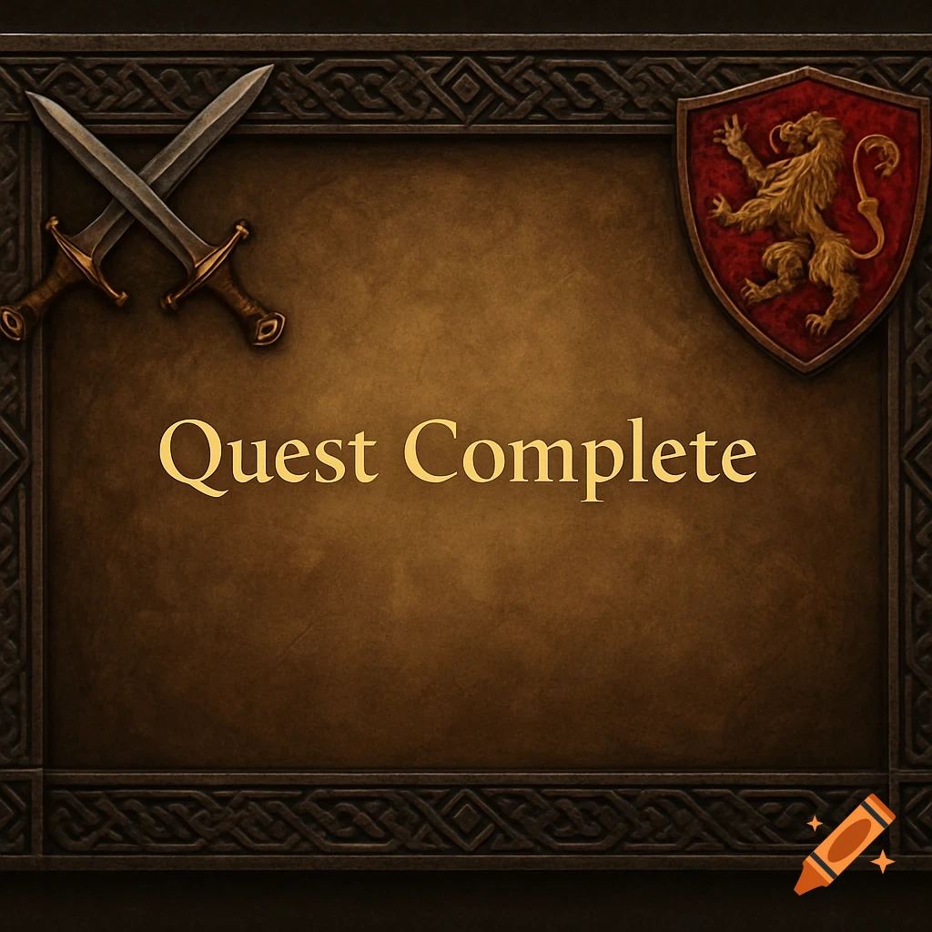 Medieval RPG game popup panel with "Quest Complete" text, crossed ...