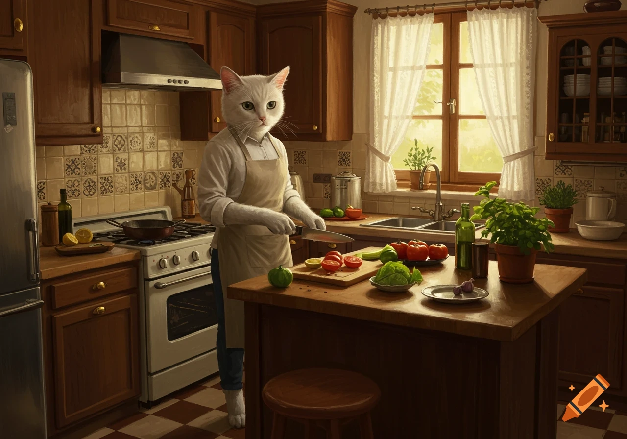 A white anthropomorphic cat, wearing an apron, chopping vegetables on a ...