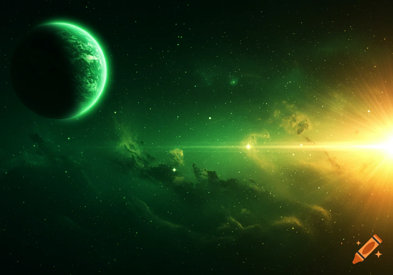 A vibrant green planet in the upper left corner of a dark green and yellow galaxy, illuminated ...