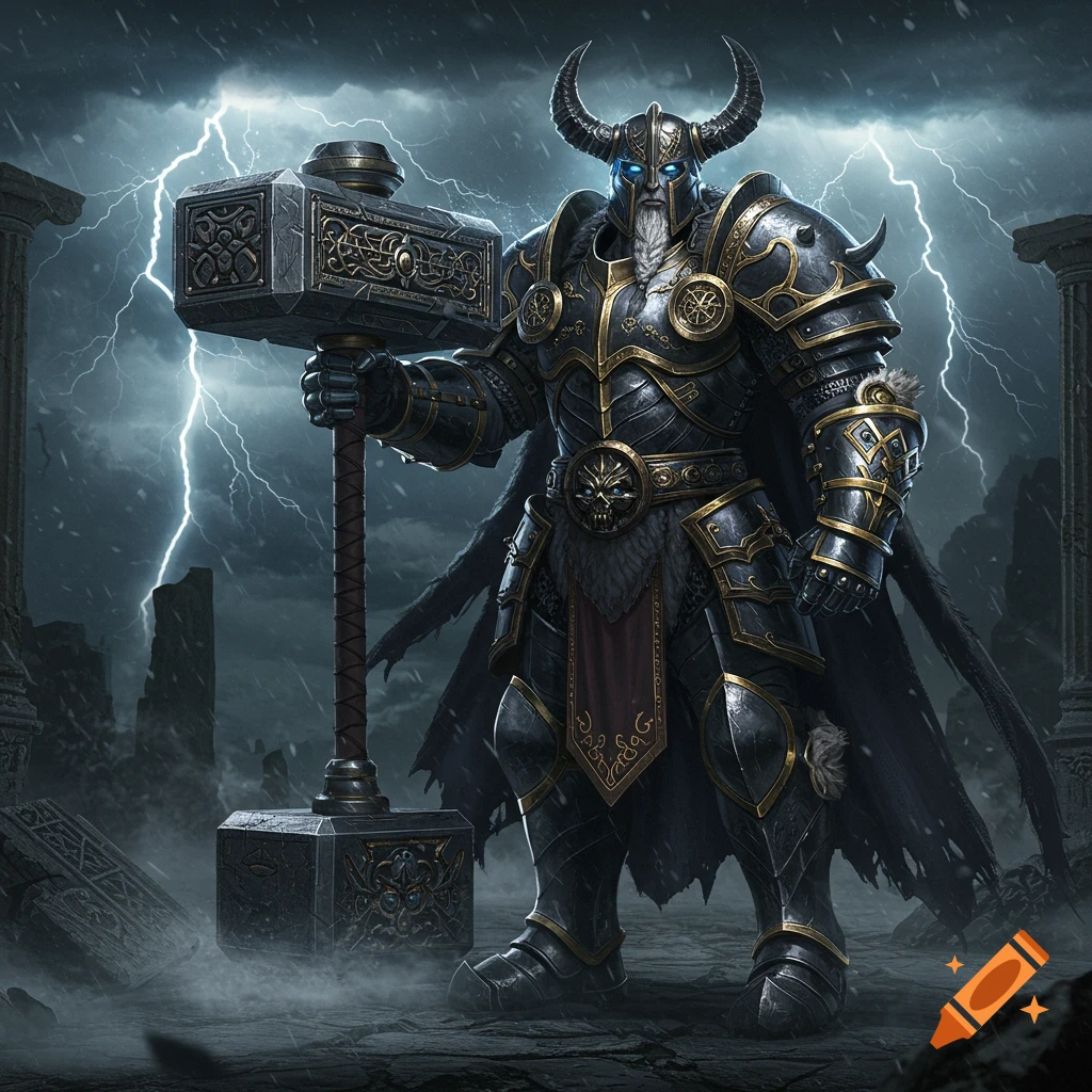 A menacing, heavily armored clockwork monster with glowing eyes, chains ...